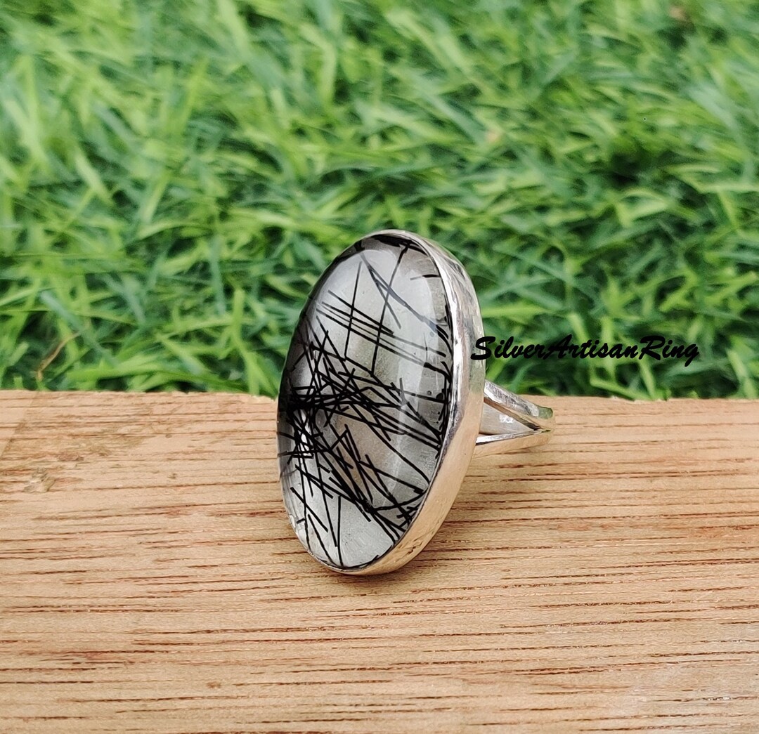 Oval Black Rutile Ring | Split Band | Rutilated Quartz Ring | Rutile ...