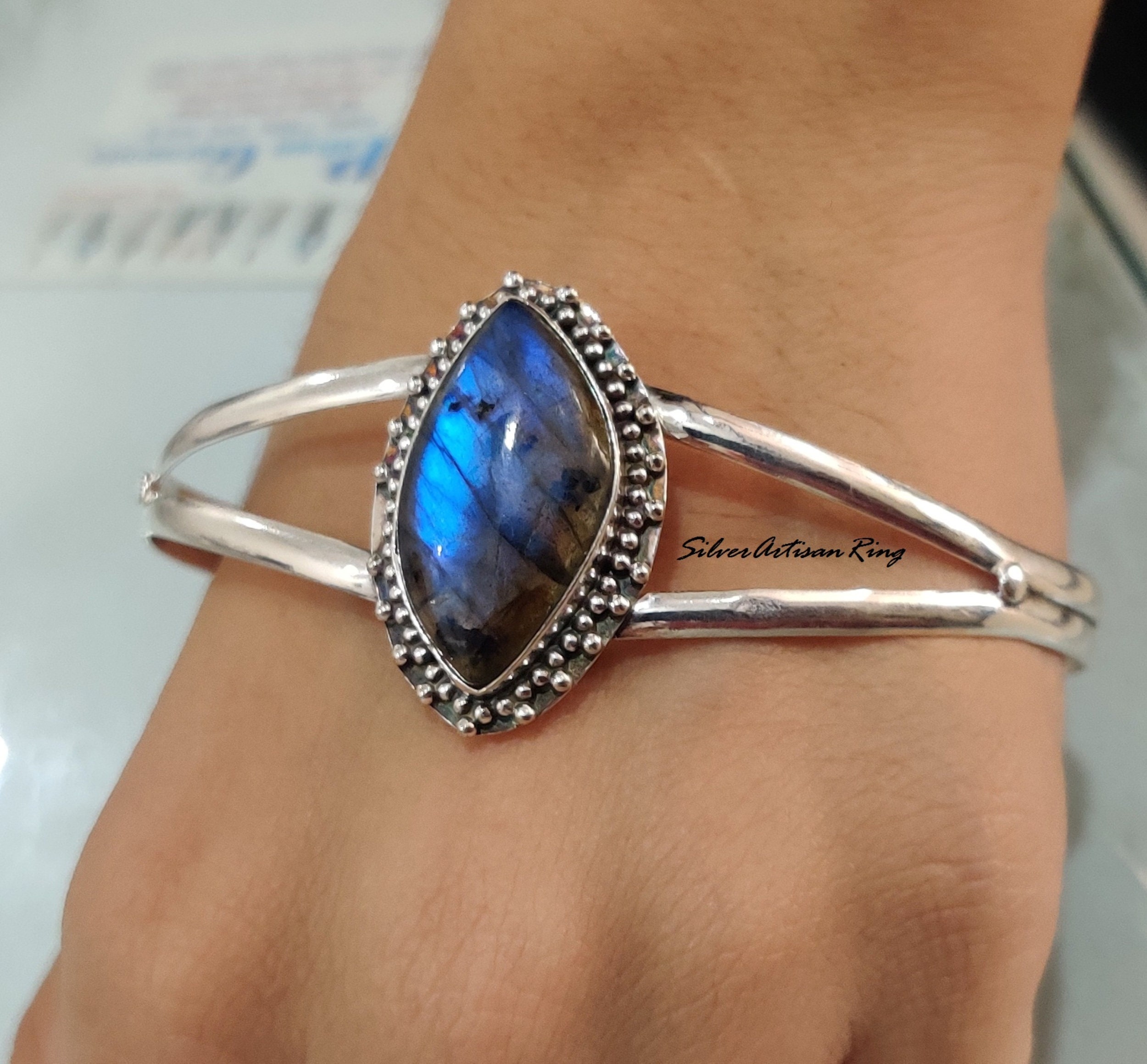 Labradorite Bangle, 925 Silver Bangle, Blue Flash Gemstone Bangle ...