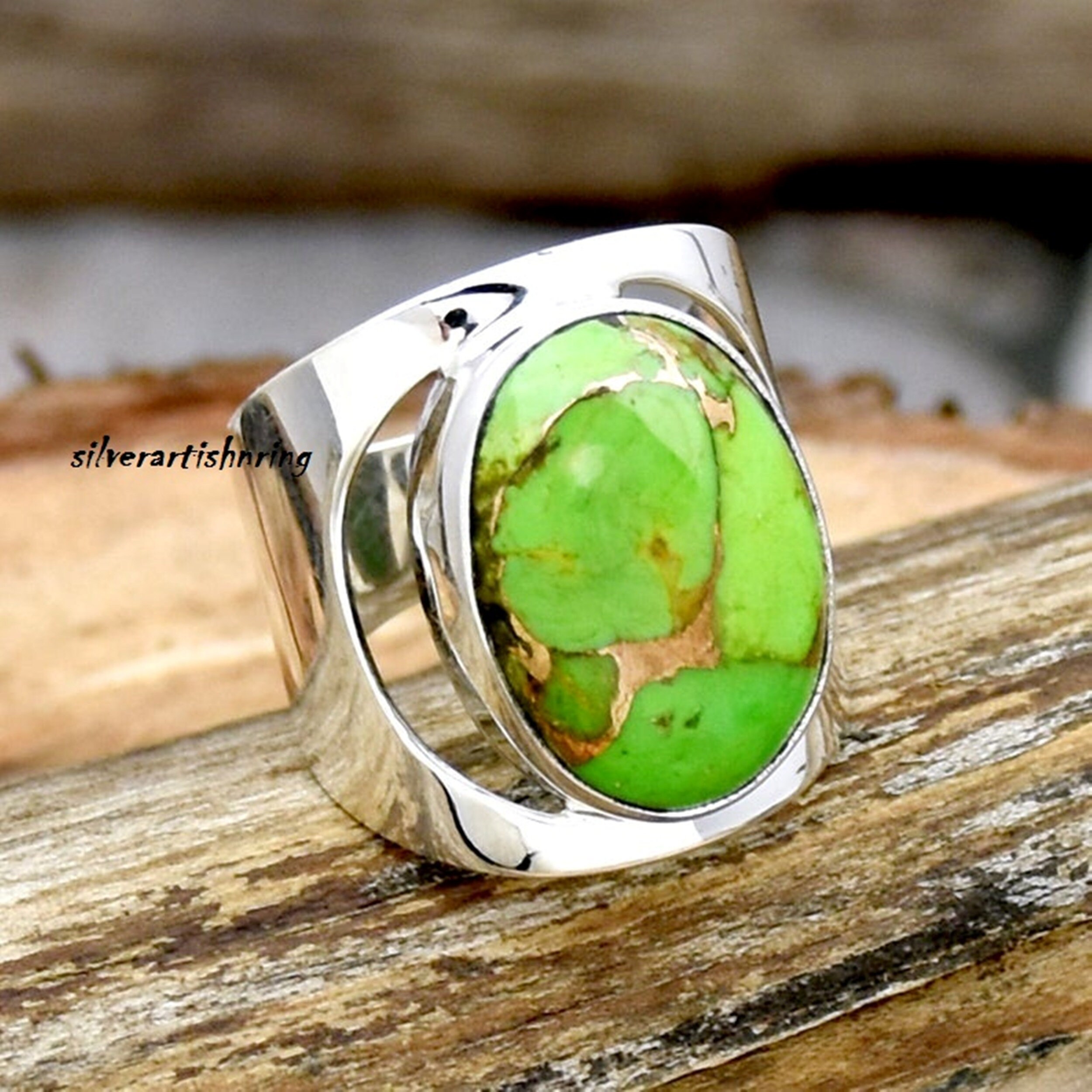 Green Copper Turquoise Ring 925 Sterling Silver Ring | Etsy