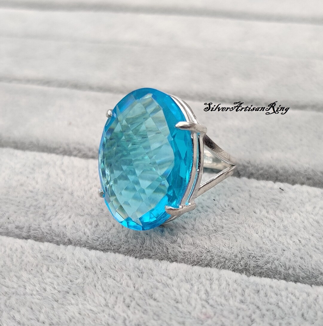 Blue Topaz Ring / Cut Oval Gemstone Ring / 925 Sterling Silver ...