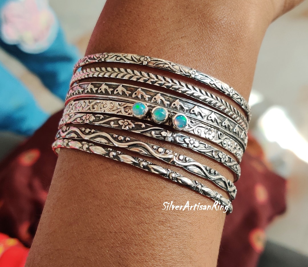 Opal Bangles* 7 Set of Bangles* 925 Sterling Silver Bangles* Stackable Bangles* 7 Designer ...