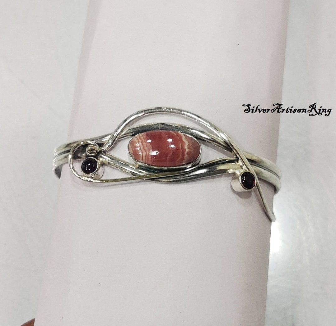 Rhodochrosite Bangle, Adjustable Handmade Bangle, 925 Sterling Silver ...