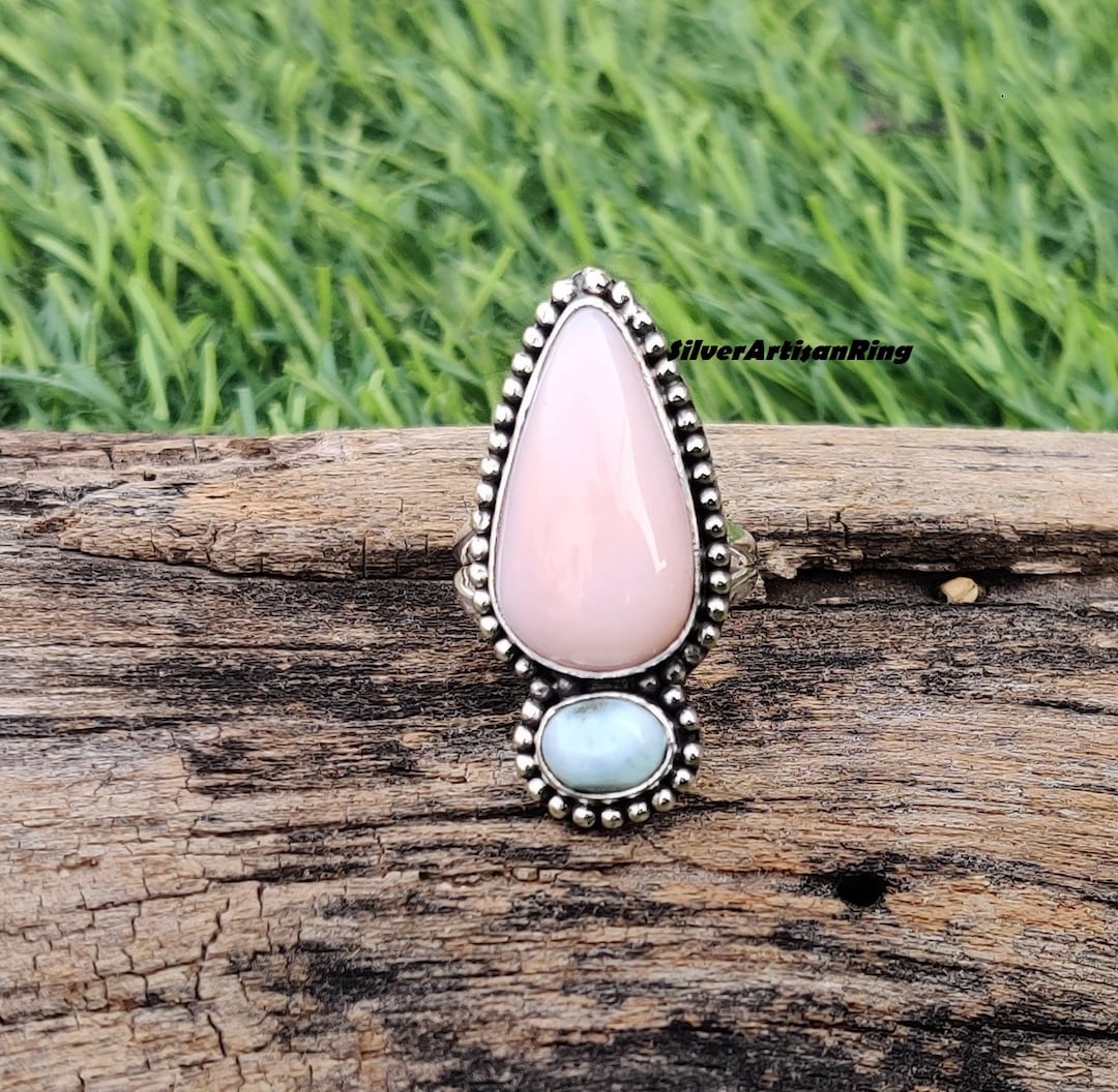 Pink Opal & Larimar Ring, 925 Sterling Silver, Handmade Ring ...