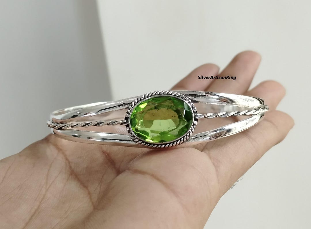 Peridot Bangle, Cut Green Oval Peridot Gemstone, 925 Sterling Silver ...