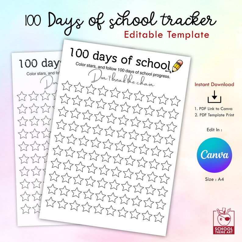100 Days of School Tracker Canva Editable Template Stars - Etsy