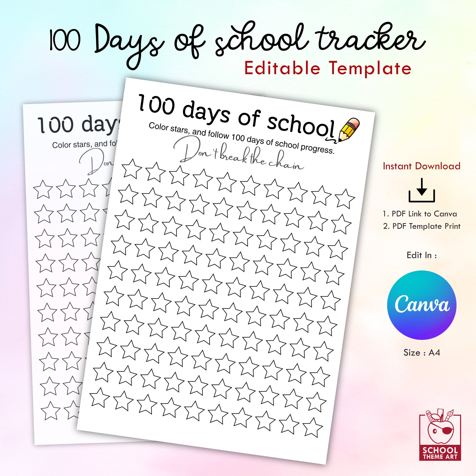100 Days of School Tracker Canva Editable Template Stars - Etsy