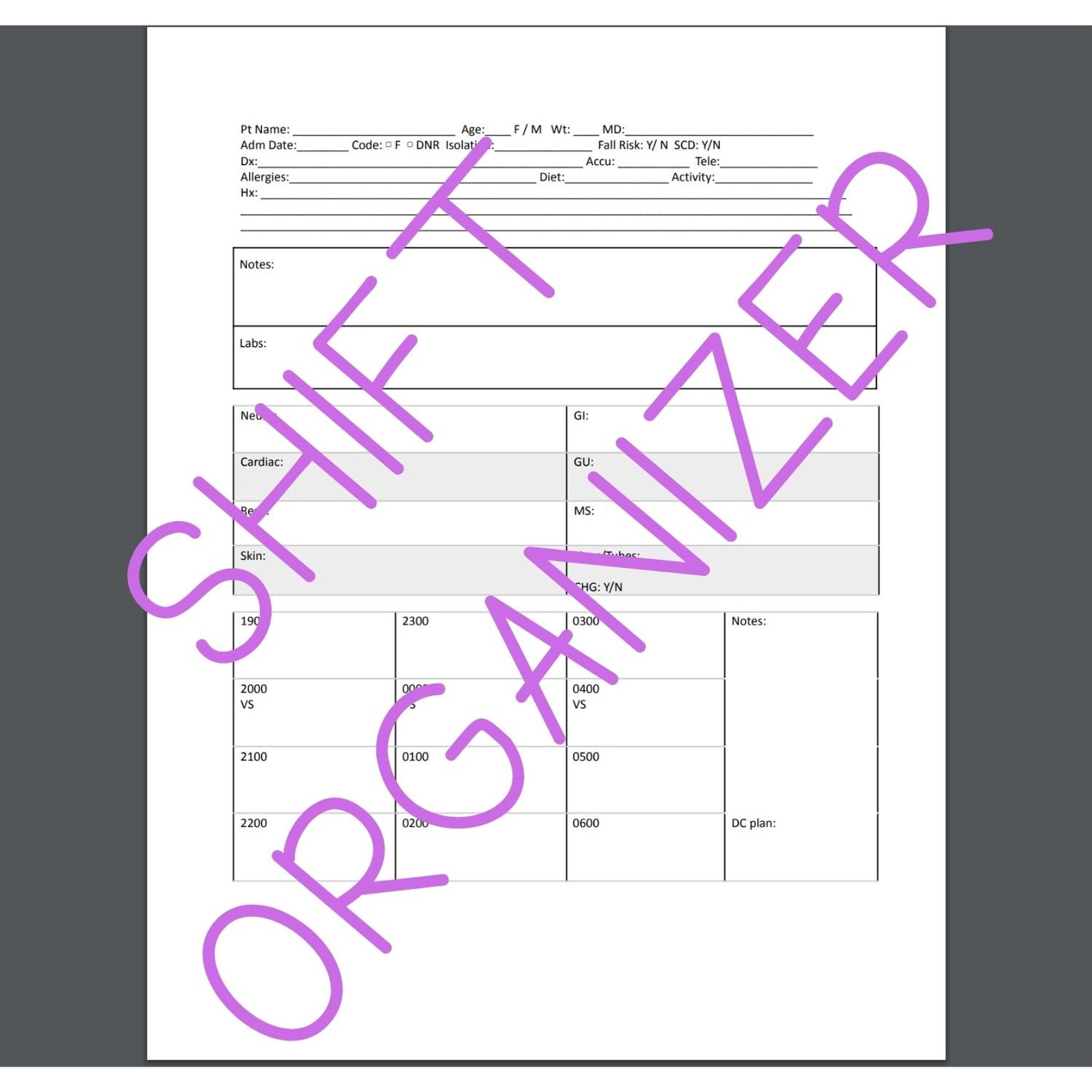12 Hour Nurse Shift Organizer -PDF Download - Etsy