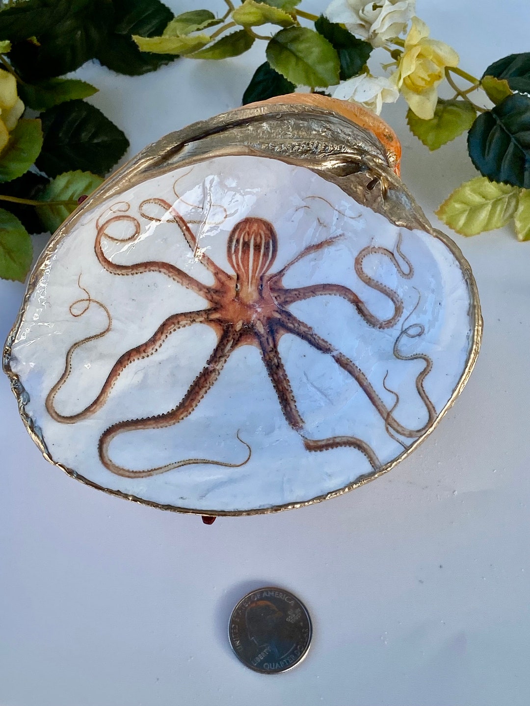 Ernst Haeckel Octopus Clam Shell Ring Dish, Gold Leaf Decoupage Art - Etsy