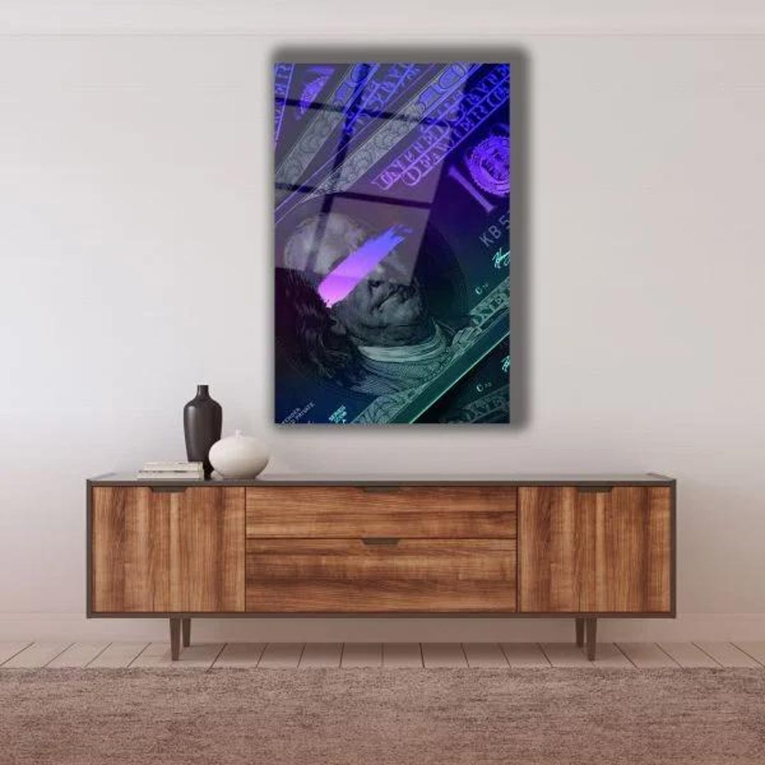 Modern Currency Benjamin Tempered Glass Wall Art, Vibrant Neon Dollar ...