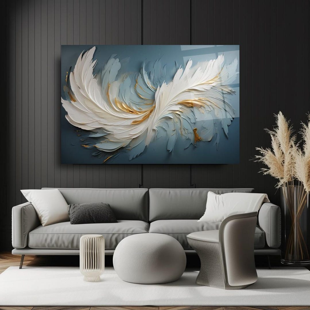 Elegant Feather Design Wall Art, Tempered Glass Print, Modern Abstract ...