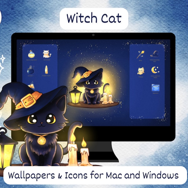 Witch Cat Desktop Background and Icons for Mac and Windows - Etsy Australia