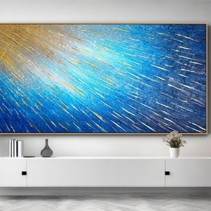 Rain Drop Abstract Blue Gold Wall Art Painting on Canvas for Living ...