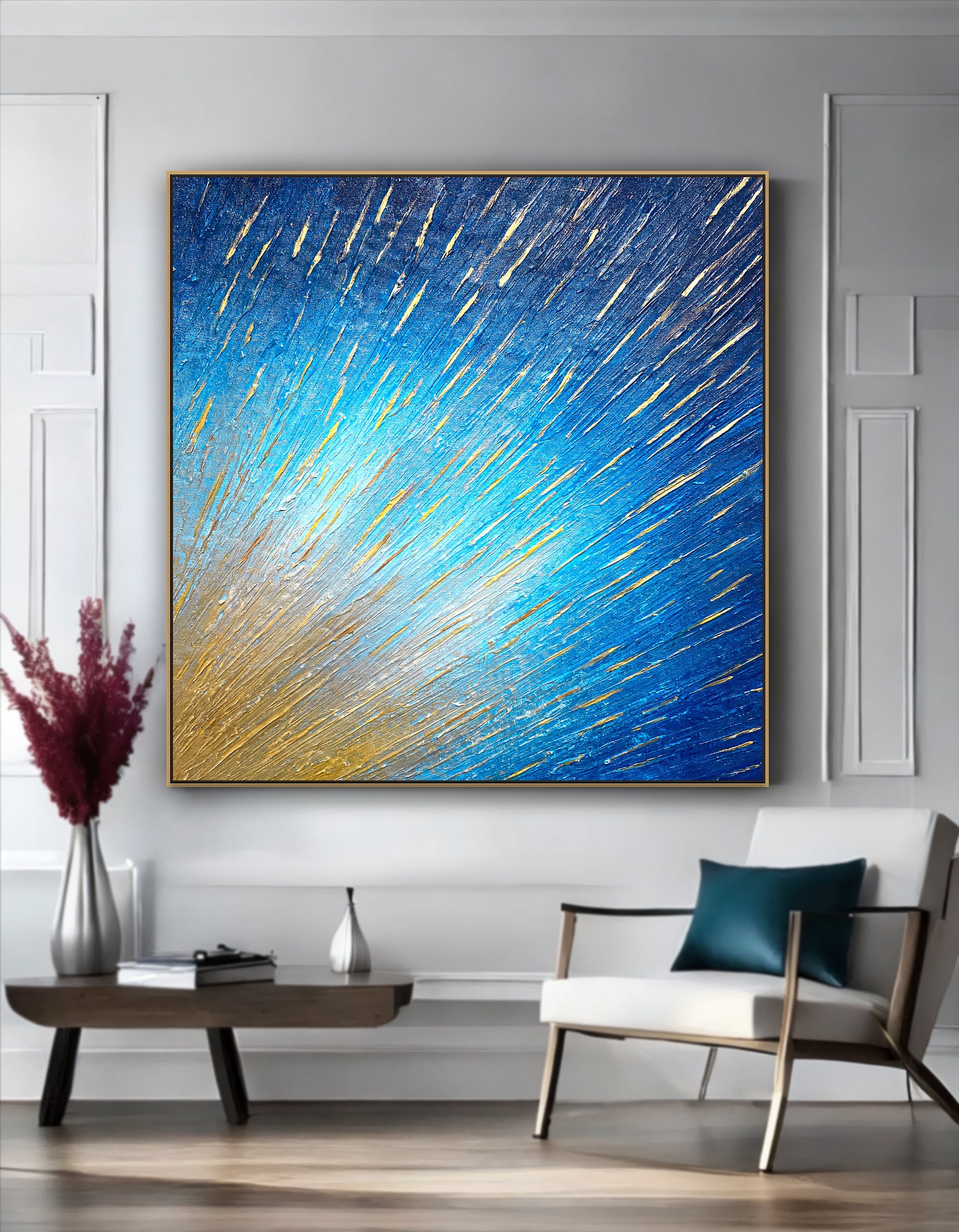 Rain Drop Abstract Blue Gold Wall Art Painting on Canvas for Living ...