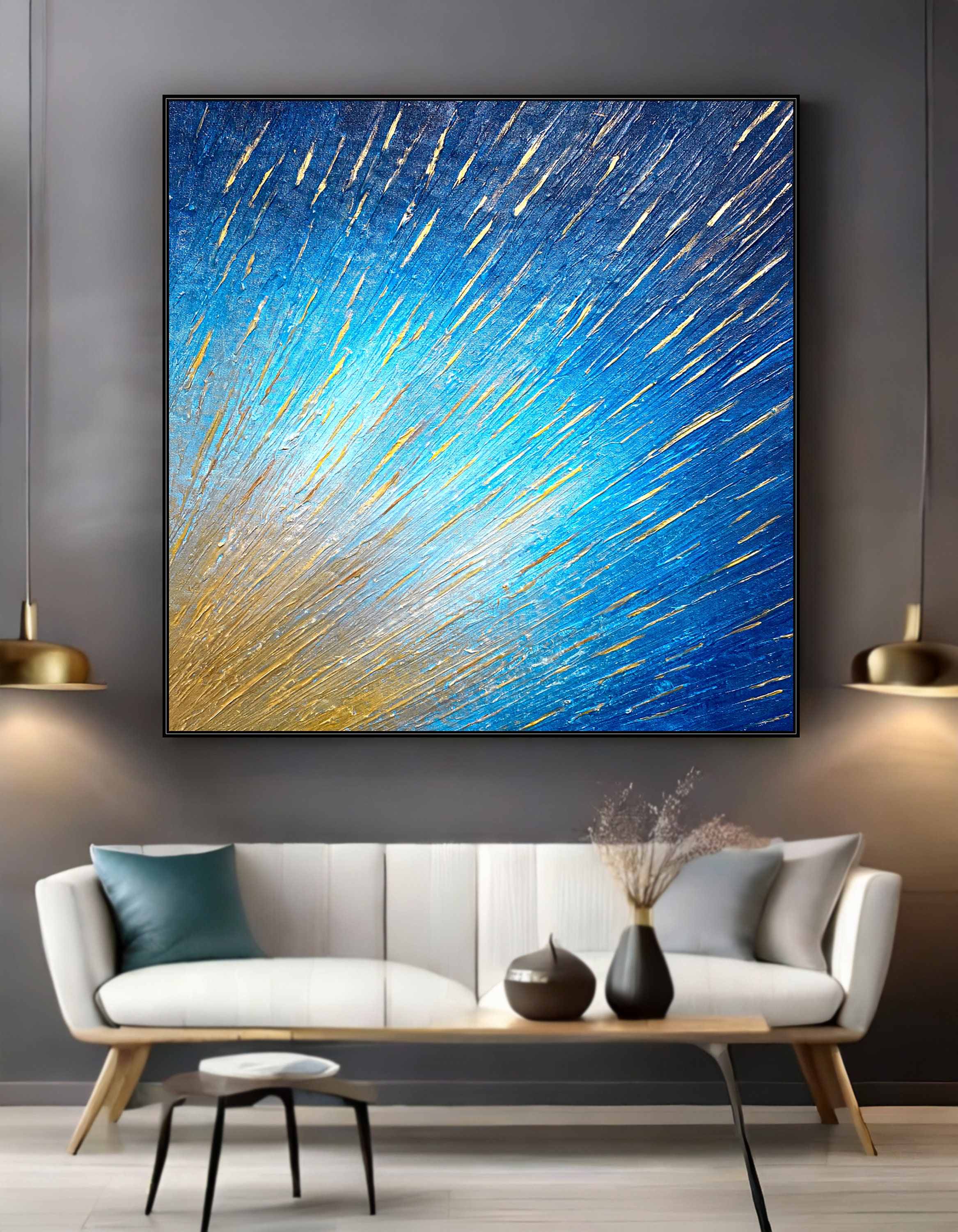 Rain Drop Abstract Blue Gold Wall Art Painting on Canvas for Living ...