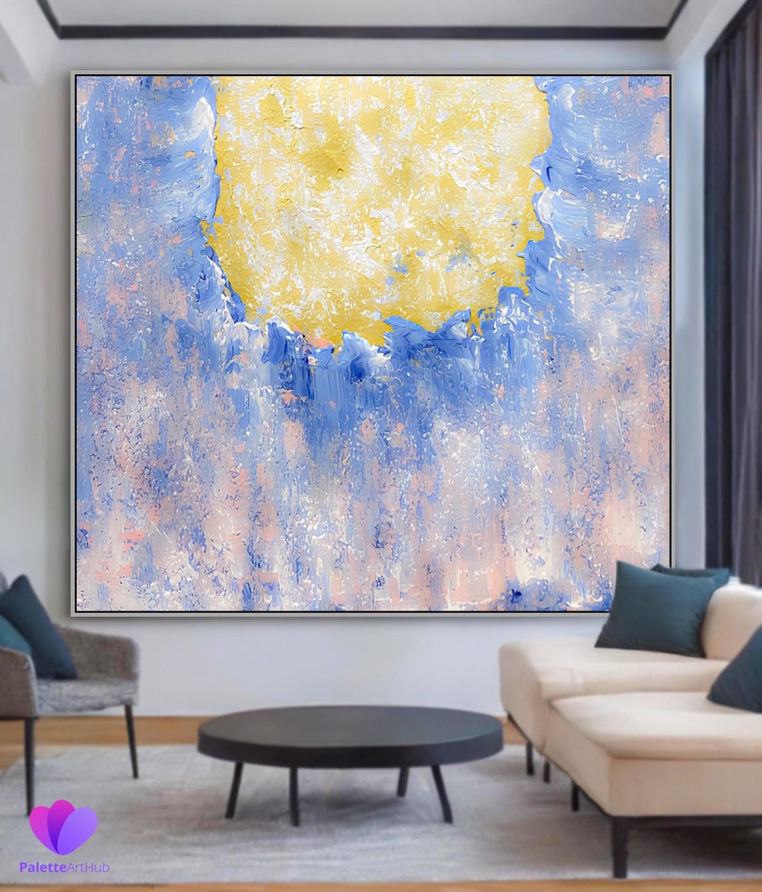 Extra Large Blue White Gold Sun Art on Canvas Abstract Textured ...