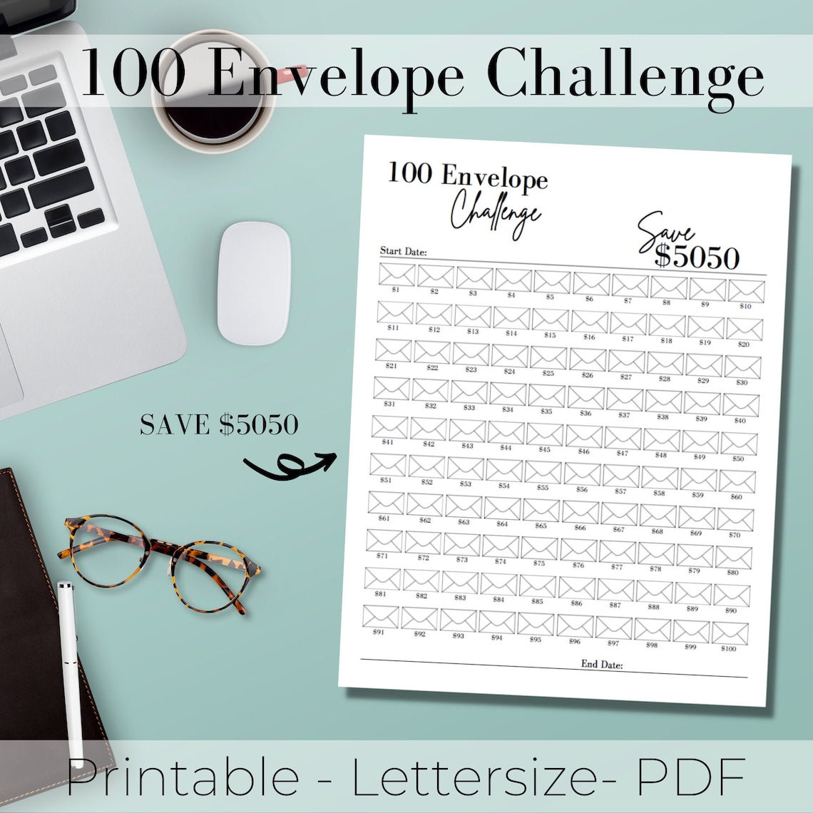 Printable 100 envelope challenge tracker - purchaseQas