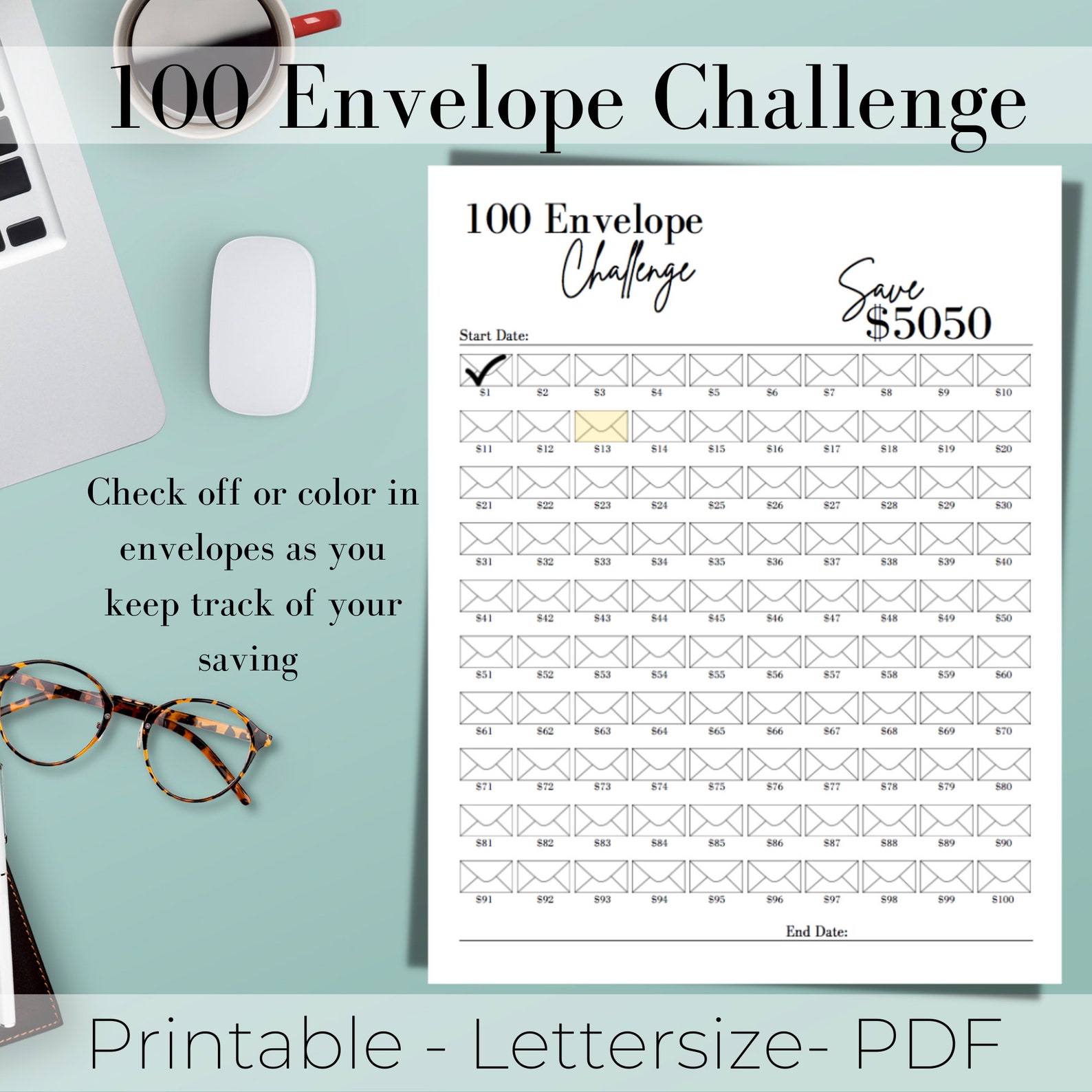 100 Envelope Challenge 100 Envelope Tracker Printable - Etsy