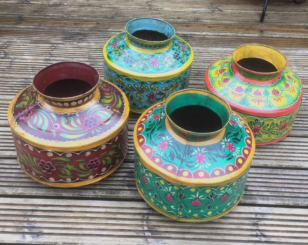 Vintage Indian Water Pot Hand Painted Indoor Outdoor Pattern Metal ...
