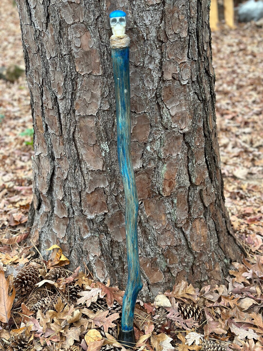 Handmade Solid Hickory Wood Walking Cane With Blue Silver and White ...