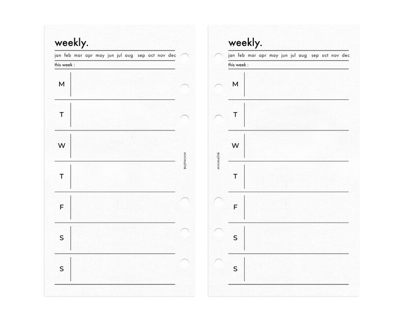 PERSONAL SIZE // WEEKLY Planner Minimal Printable Insert // Week on One ...
