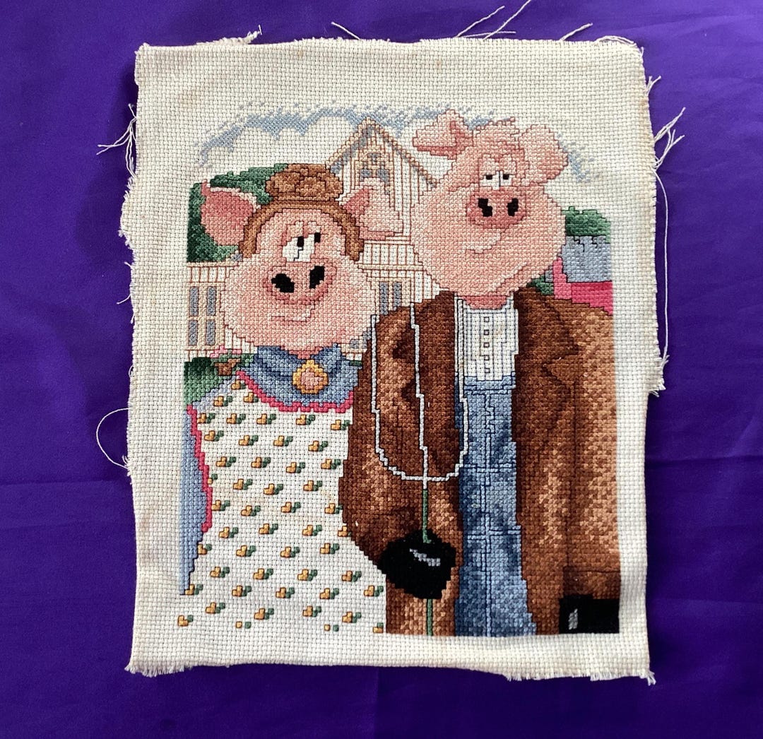 American Gothic Pigs - Finished Cross Stitch - Unframed -1980's - (588A ...