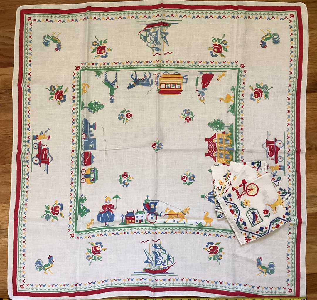 Vintage Table Cloth -1950's - Card Table Size 34"x34" With 4 Napkins 12 ...