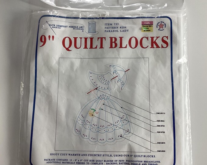 Vintage 9" Quilt Blocks - Unfinished - Parasol Lady #204 - Jack Dempsey ...