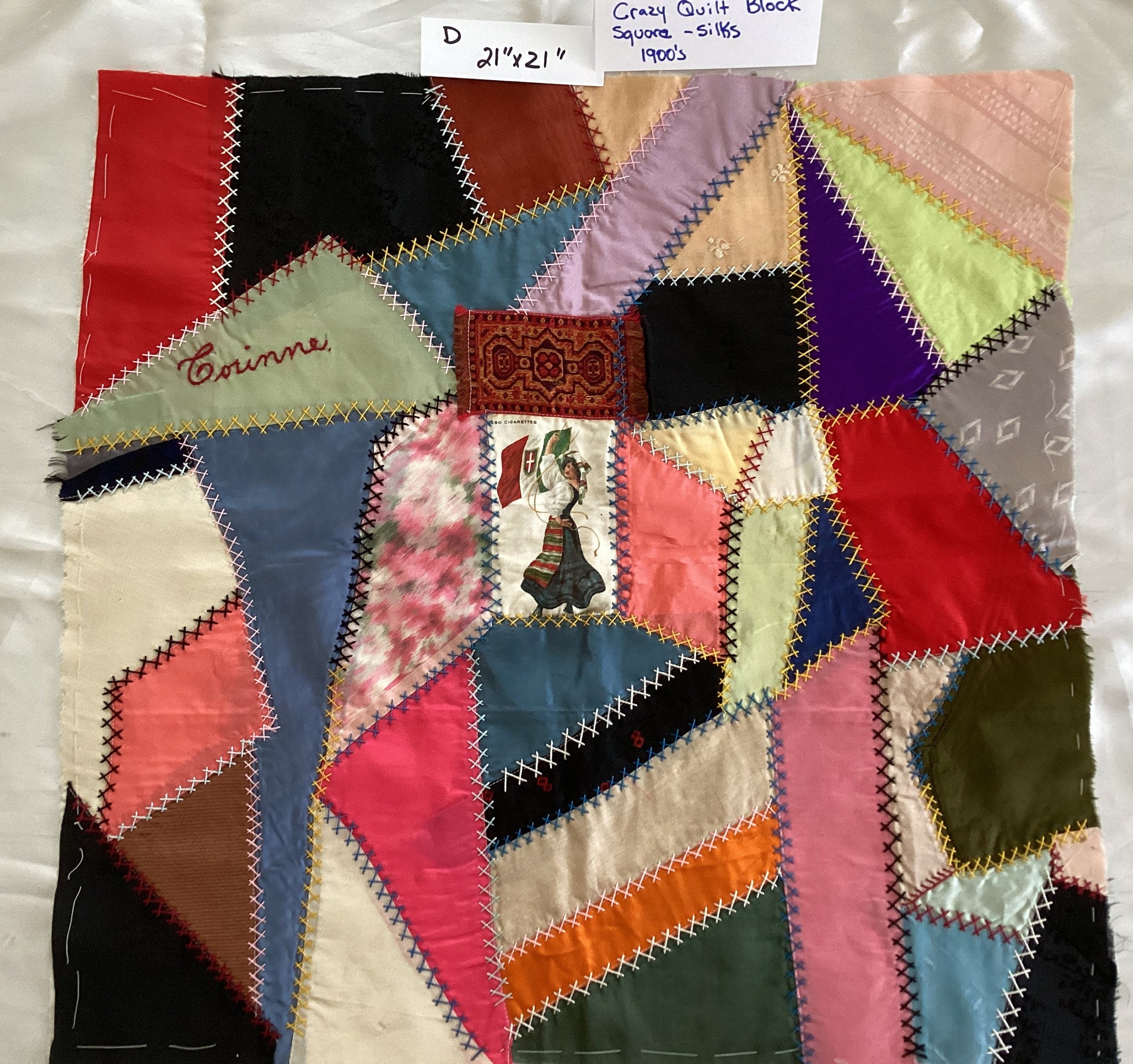 Antique Crazy Quilt Block 1900's Silk and Embroidery Approximately 21 ...