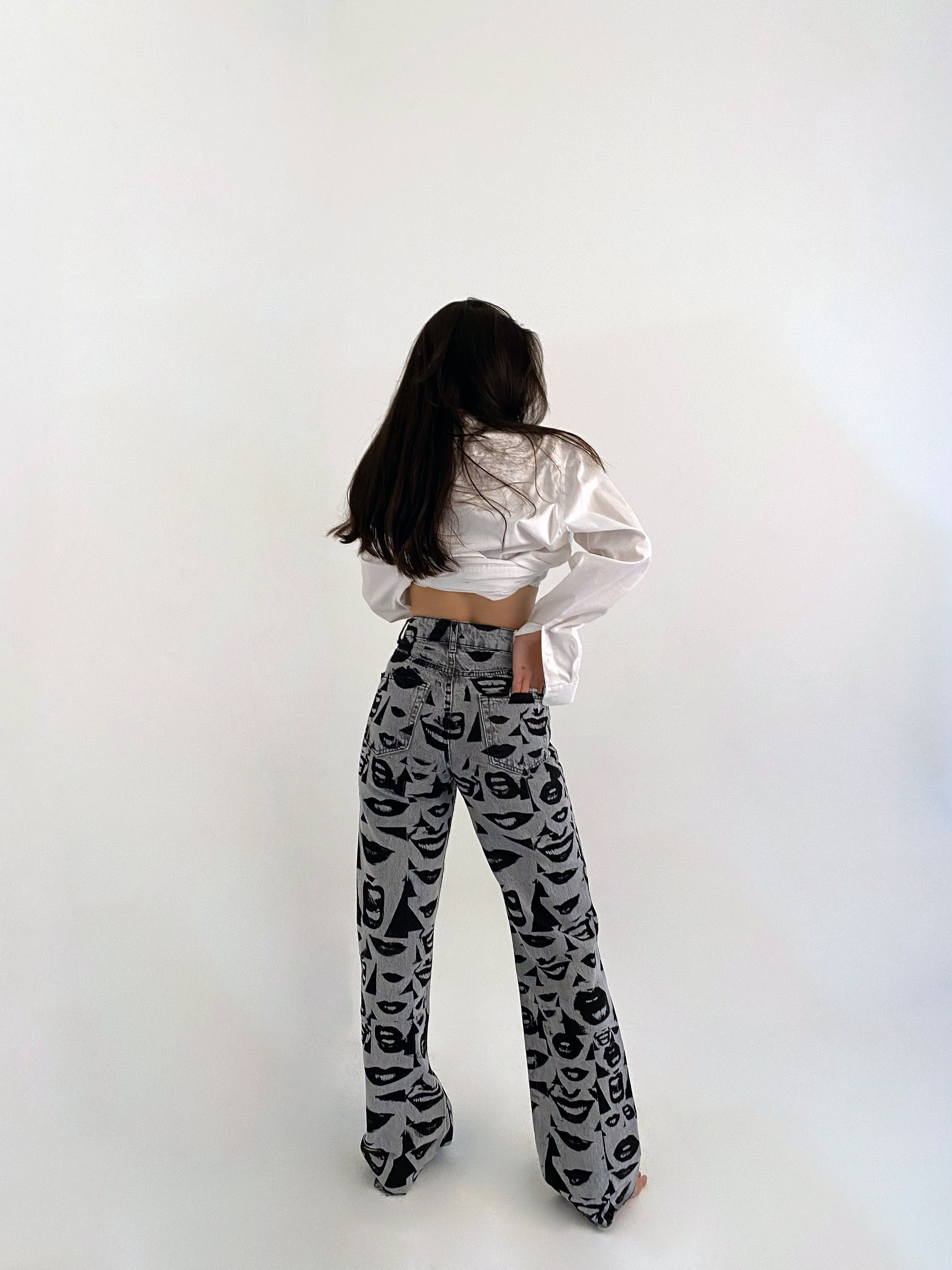 Reworked Screen Printed Gray Denim Pants - Etsy