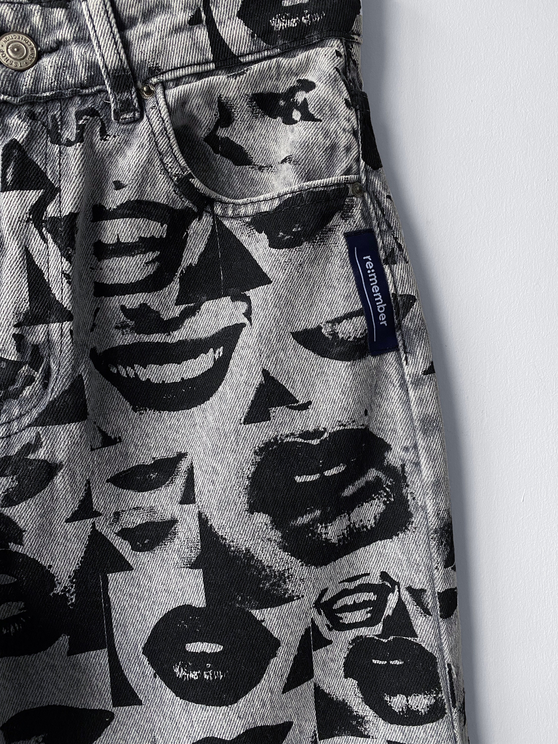 Reworked Screen Printed Gray Denim Pants - Etsy