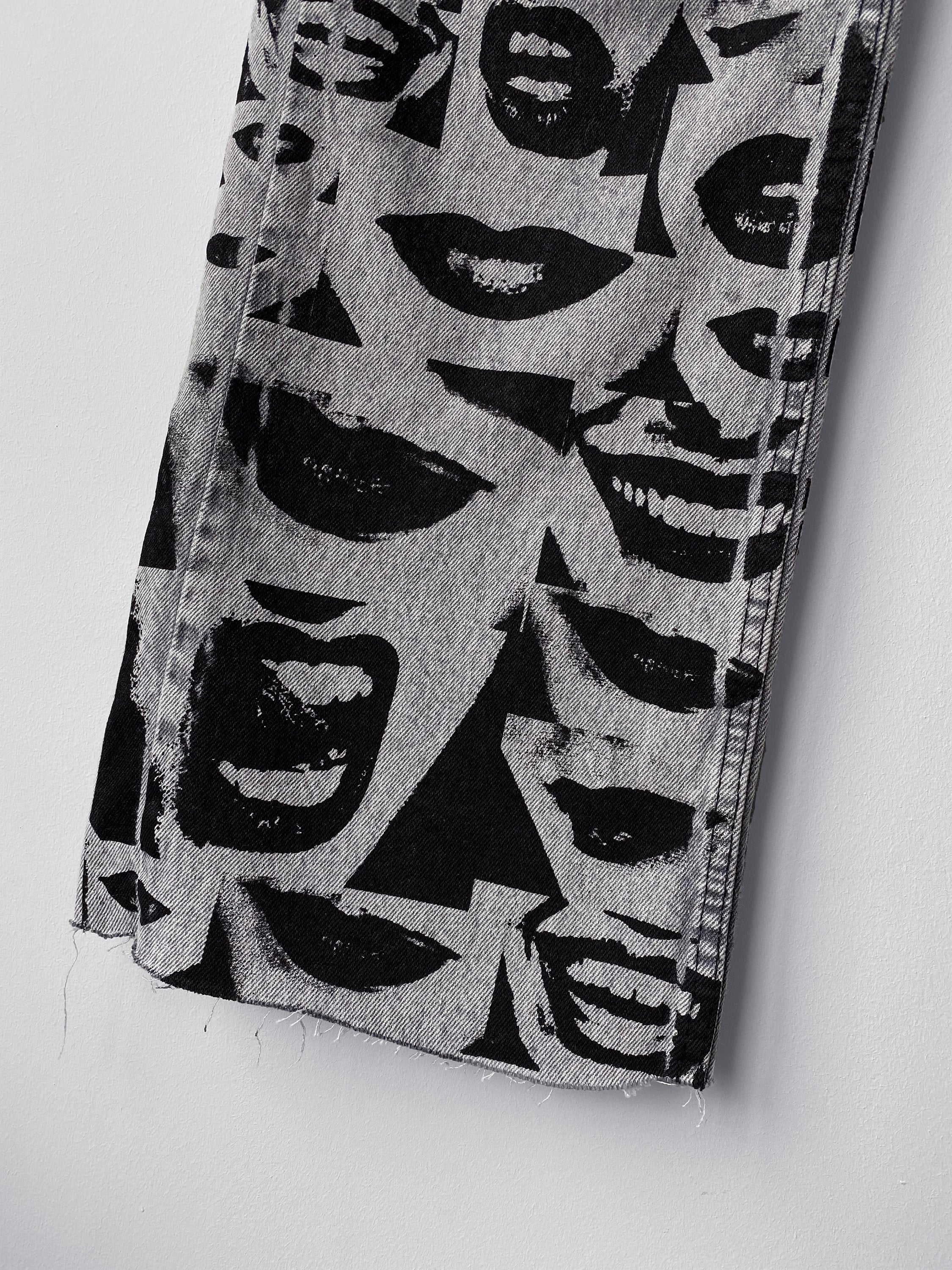 Reworked Screen Printed Gray Denim Pants - Etsy