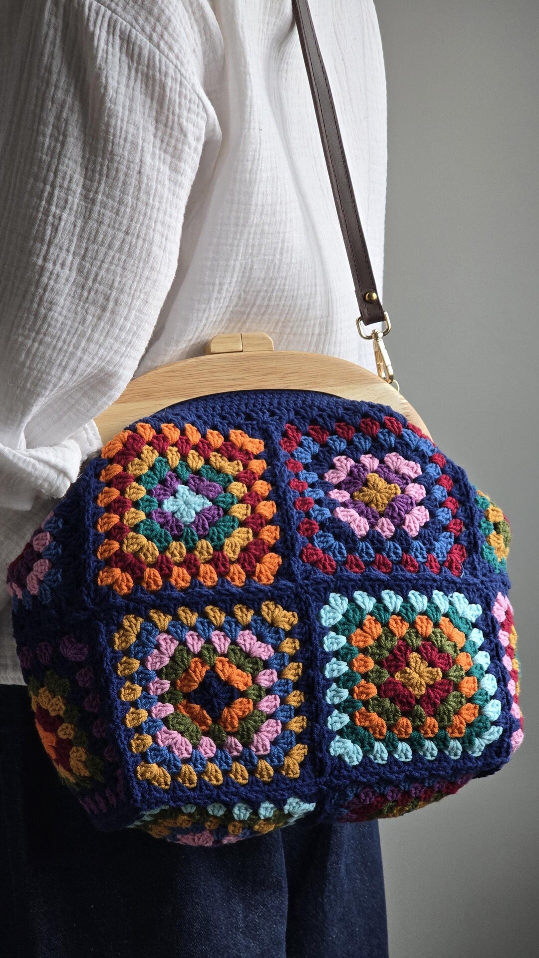 Navy Granny Crochet Clasp Purse - Wooden Kiss Lock Clutch , Lined With ...