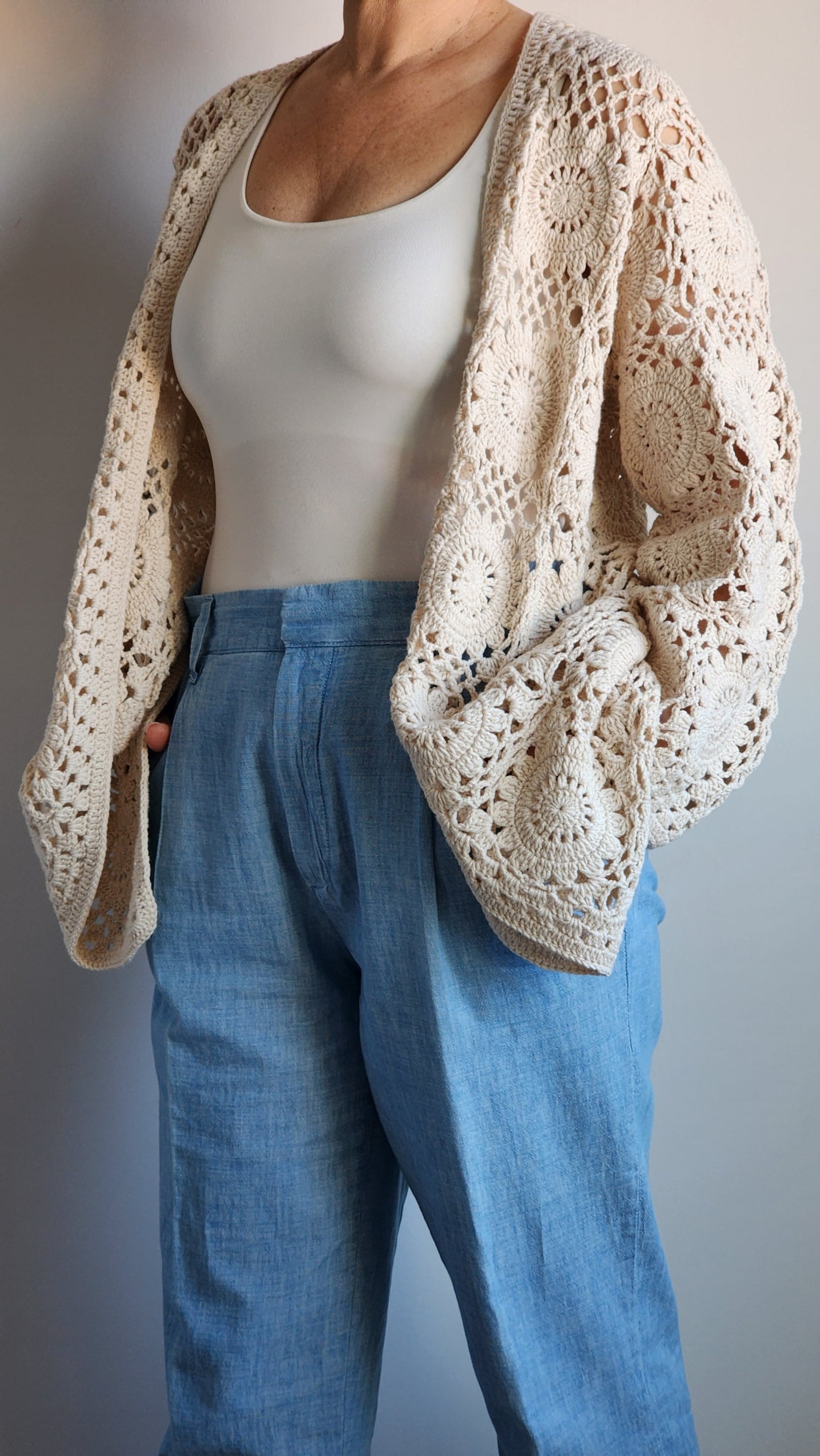 Handmade Beige Crochet Cardigan: Vintage Flower Motif, Boho Cotton ...
