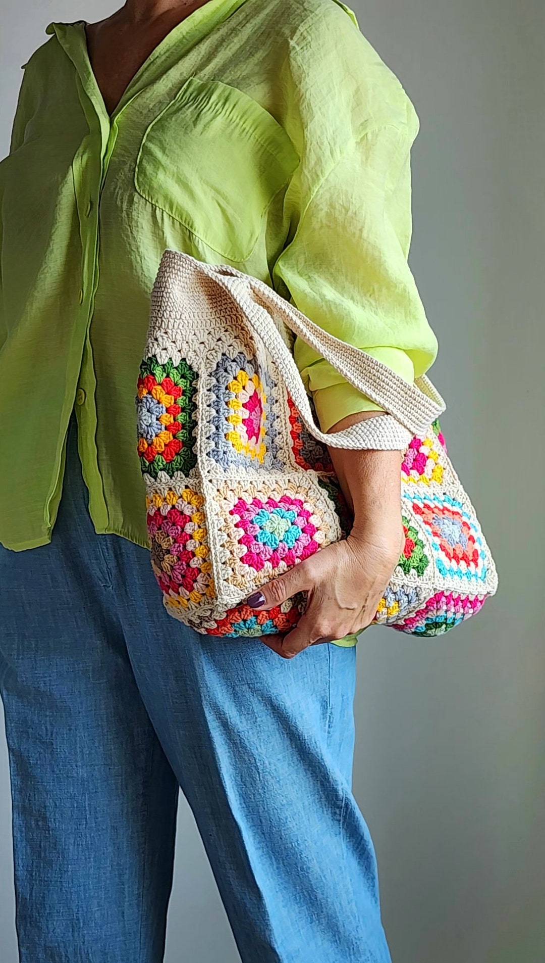 Beige Based Colorful Granny Square Boho Market Bag and All Day Purse in ...