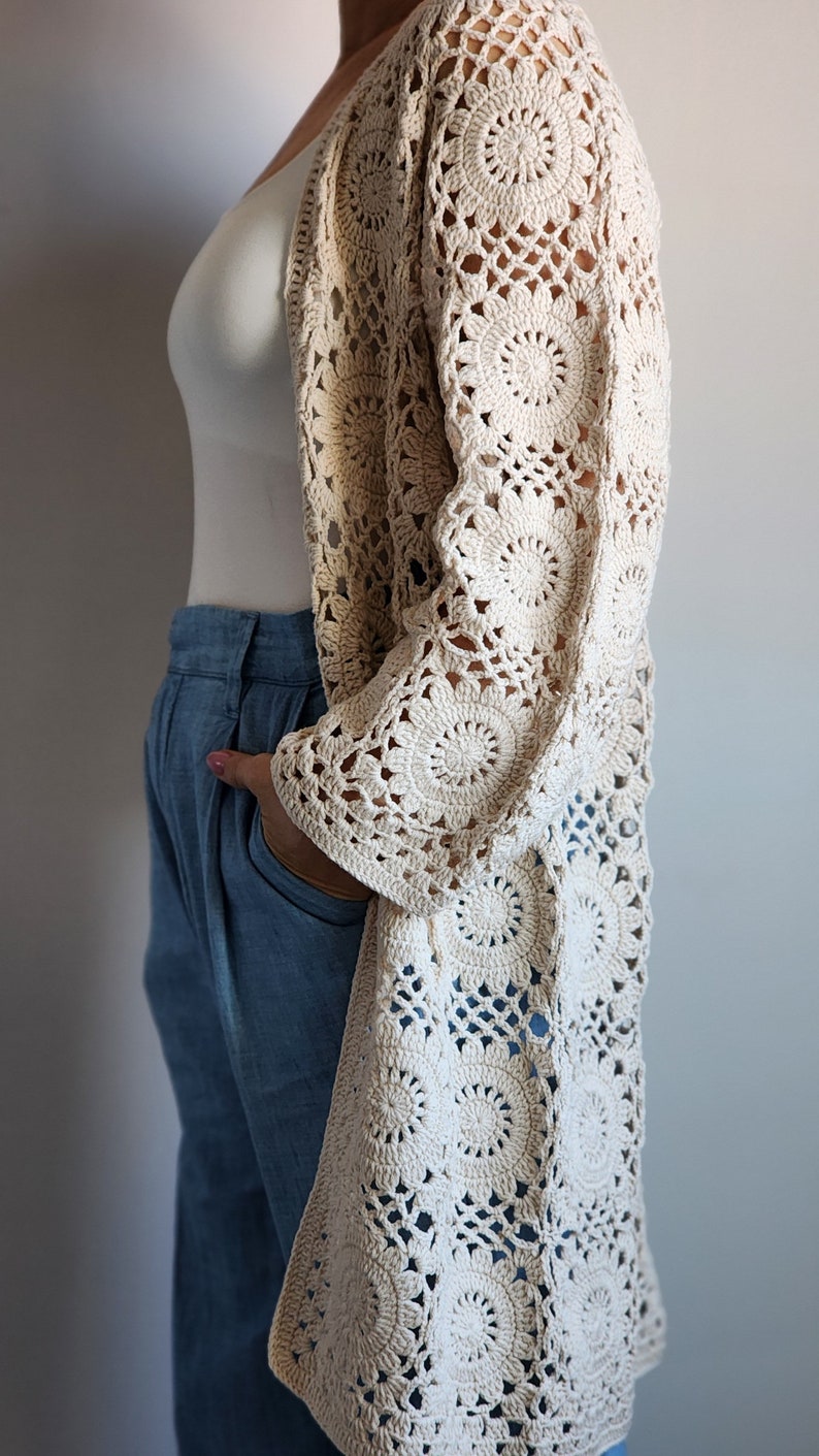 Handmade Beige Crochet Cardigan: Vintage Flower Motif, Boho Cotton ...