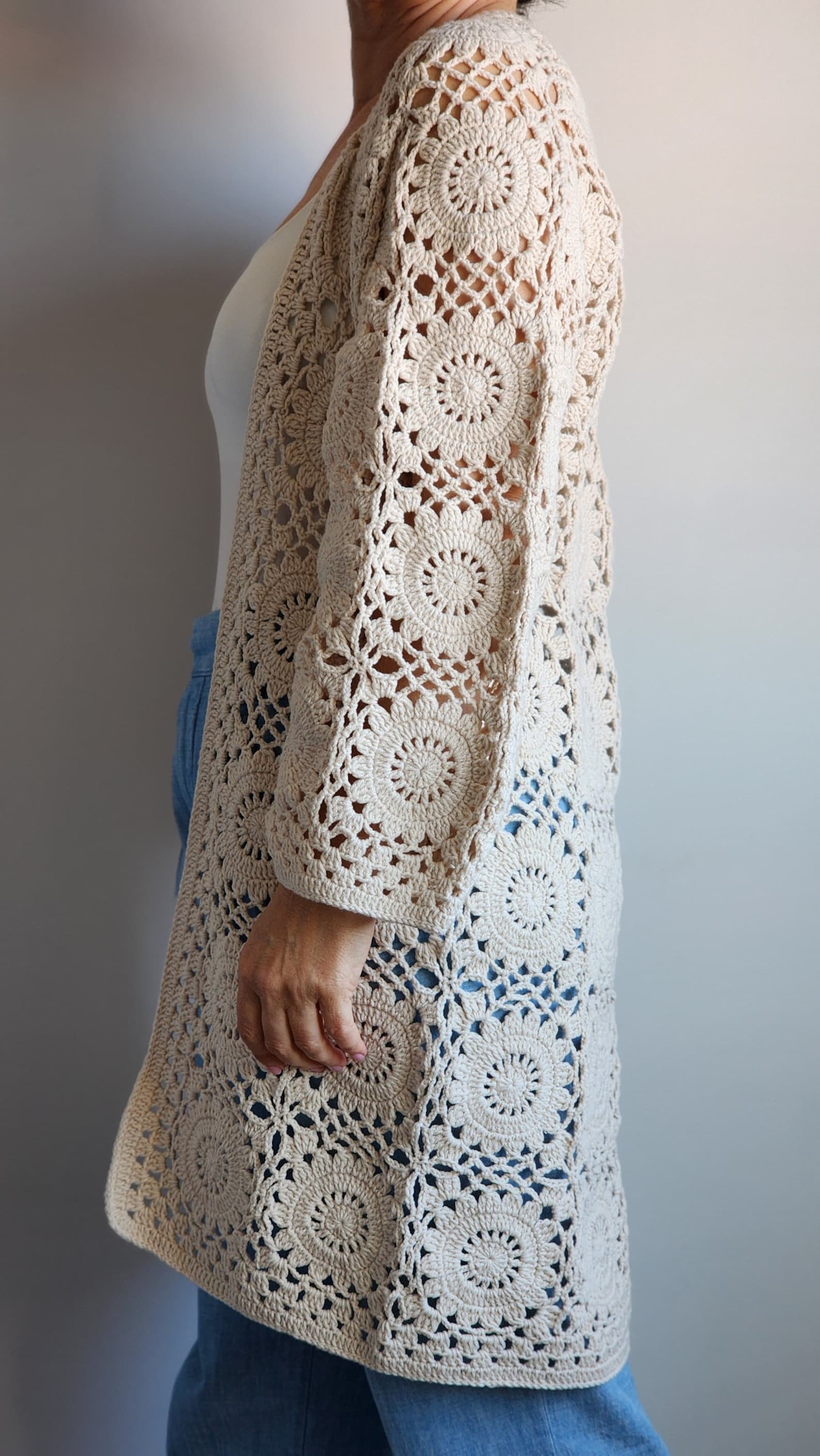Handmade Beige Crochet Cardigan: Vintage Flower Motif, Boho Cotton ...