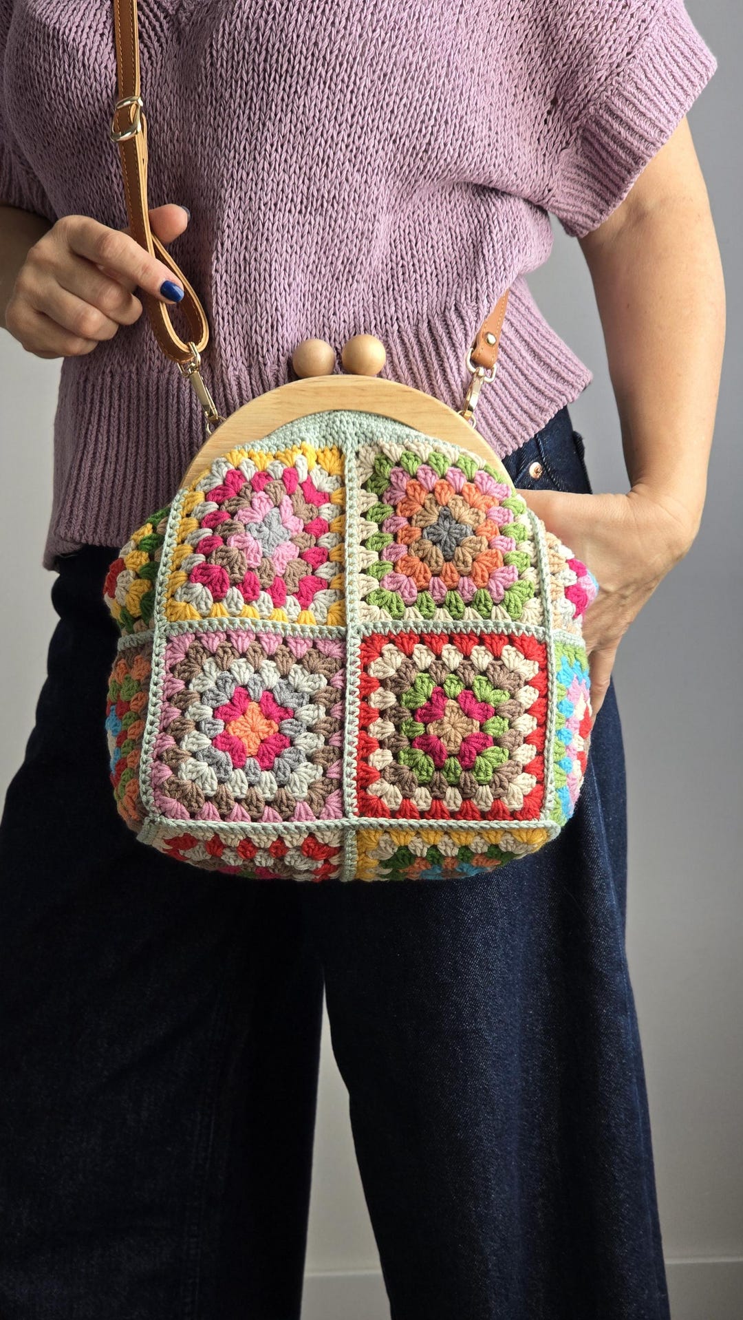 Lime Cream-mint Granny Crochet Clasp Purse - Wooden Kiss Lock Clutch ...