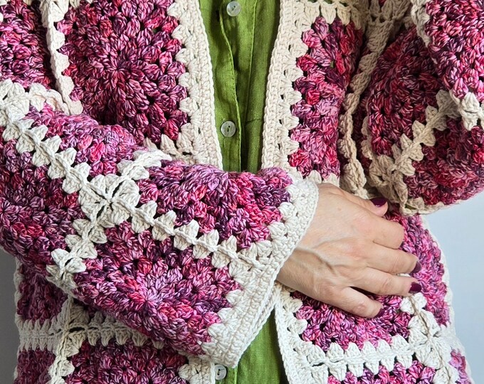 Cream Based Rosa Colored Crochet Granny Square Spring/ Summer Cardigan ...