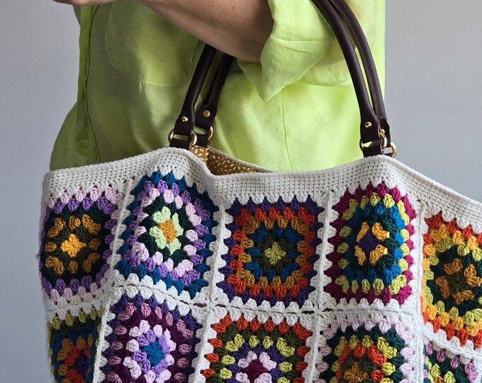 Large Leather Handle Crochet Bag, Handmade Granny Square Tote, Colorful ...