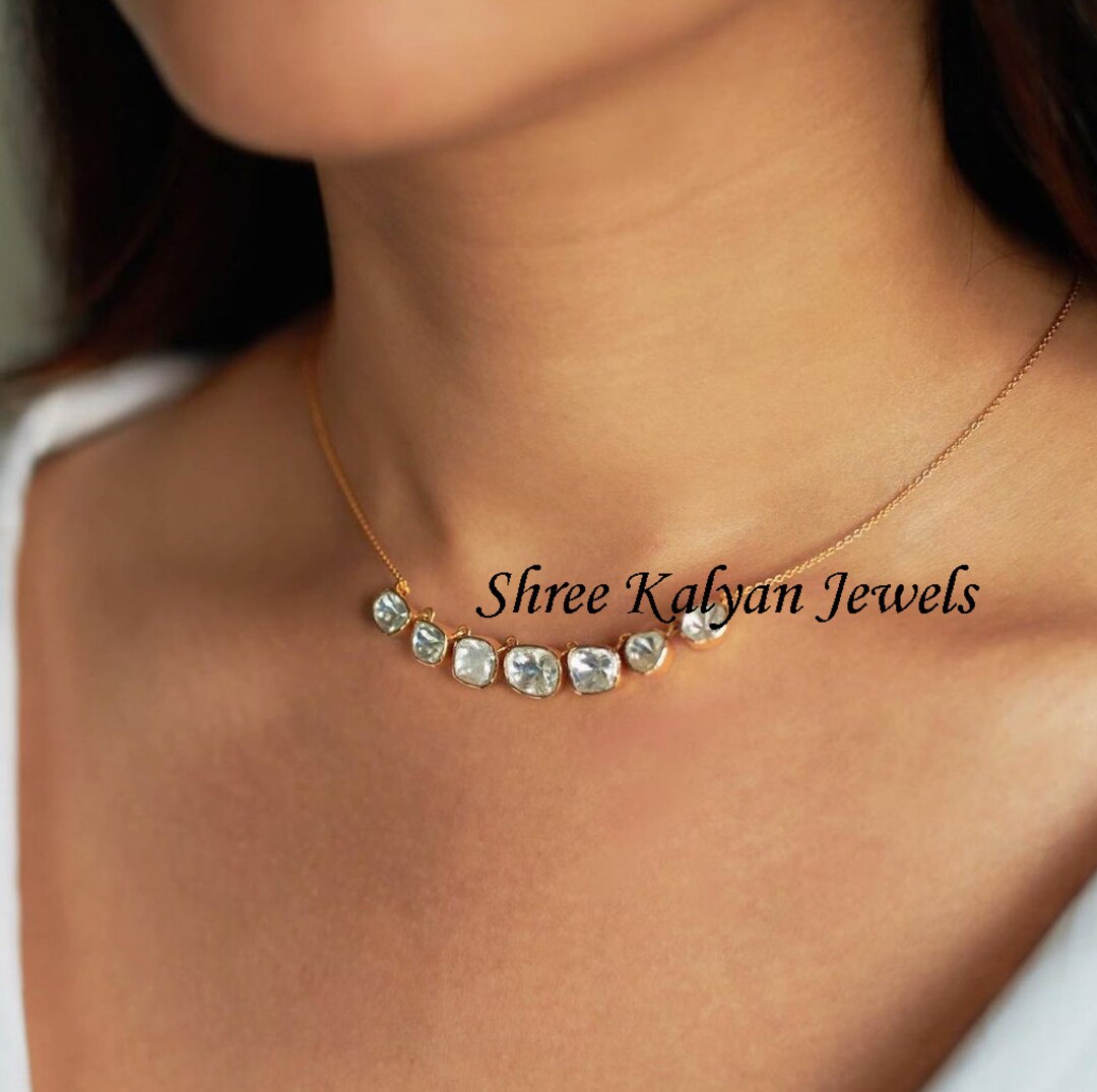 Natural Diamond Polki Choker Necklace, 925 Sterling Silver Handmade ...