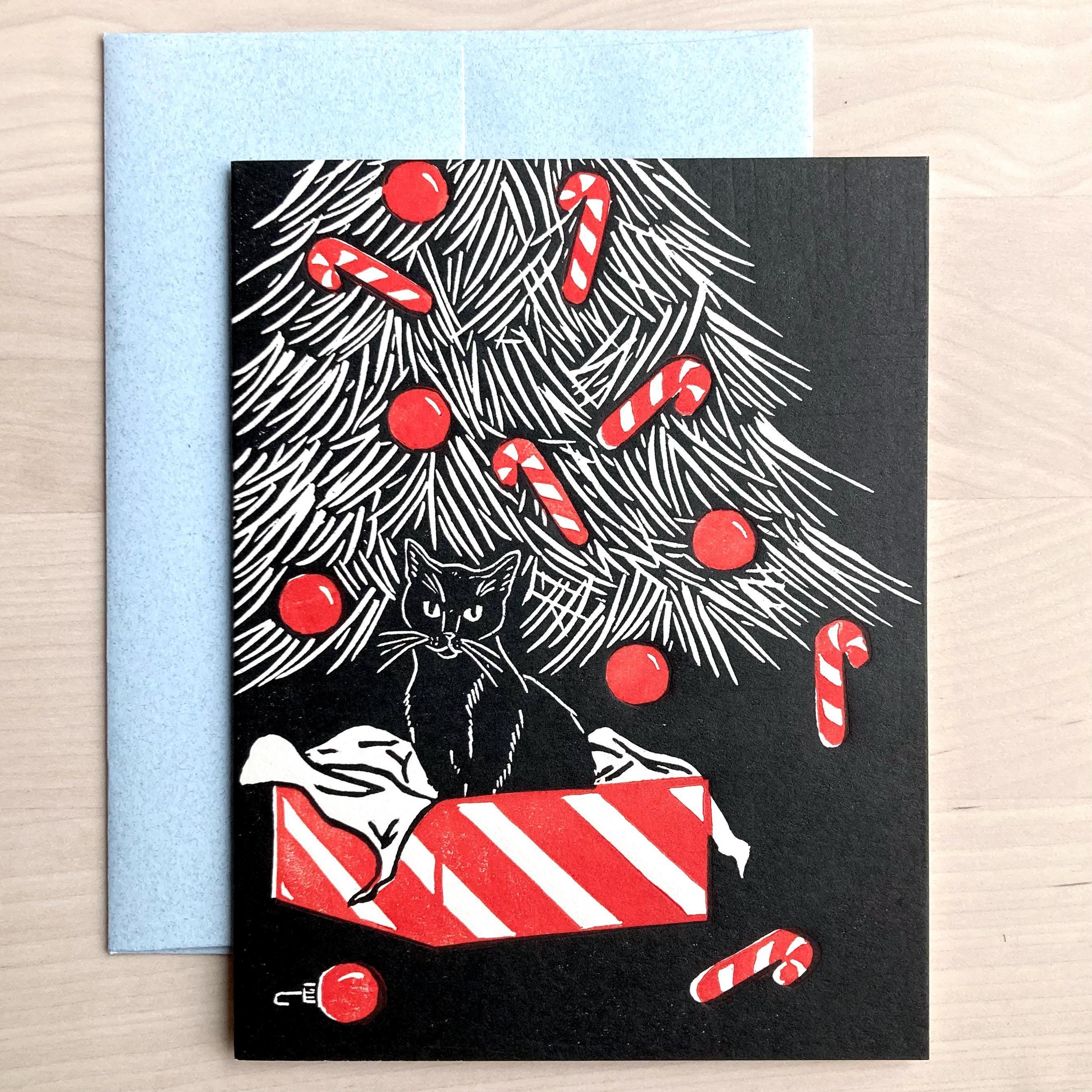Cat and Christmas Tree Holiday Card, Handmade Block Printed Christmas ...