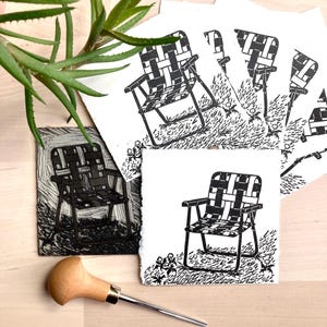 Lawn Chair Original Linocut Relief Print on Paper, Miniature Wall Art ...