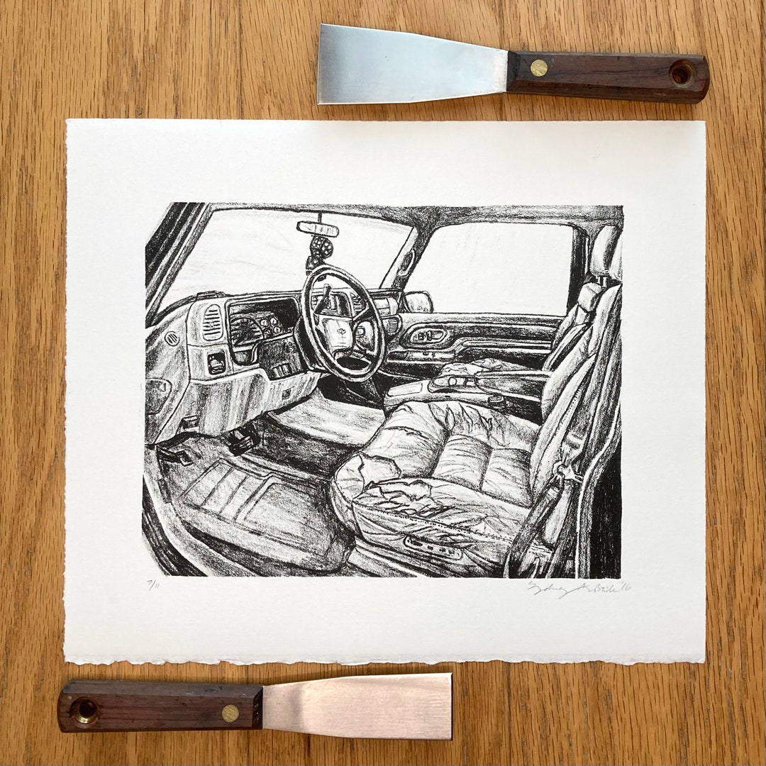 Car Interior Lithograph, Original Fine Art Print, Retro Car Wall ...