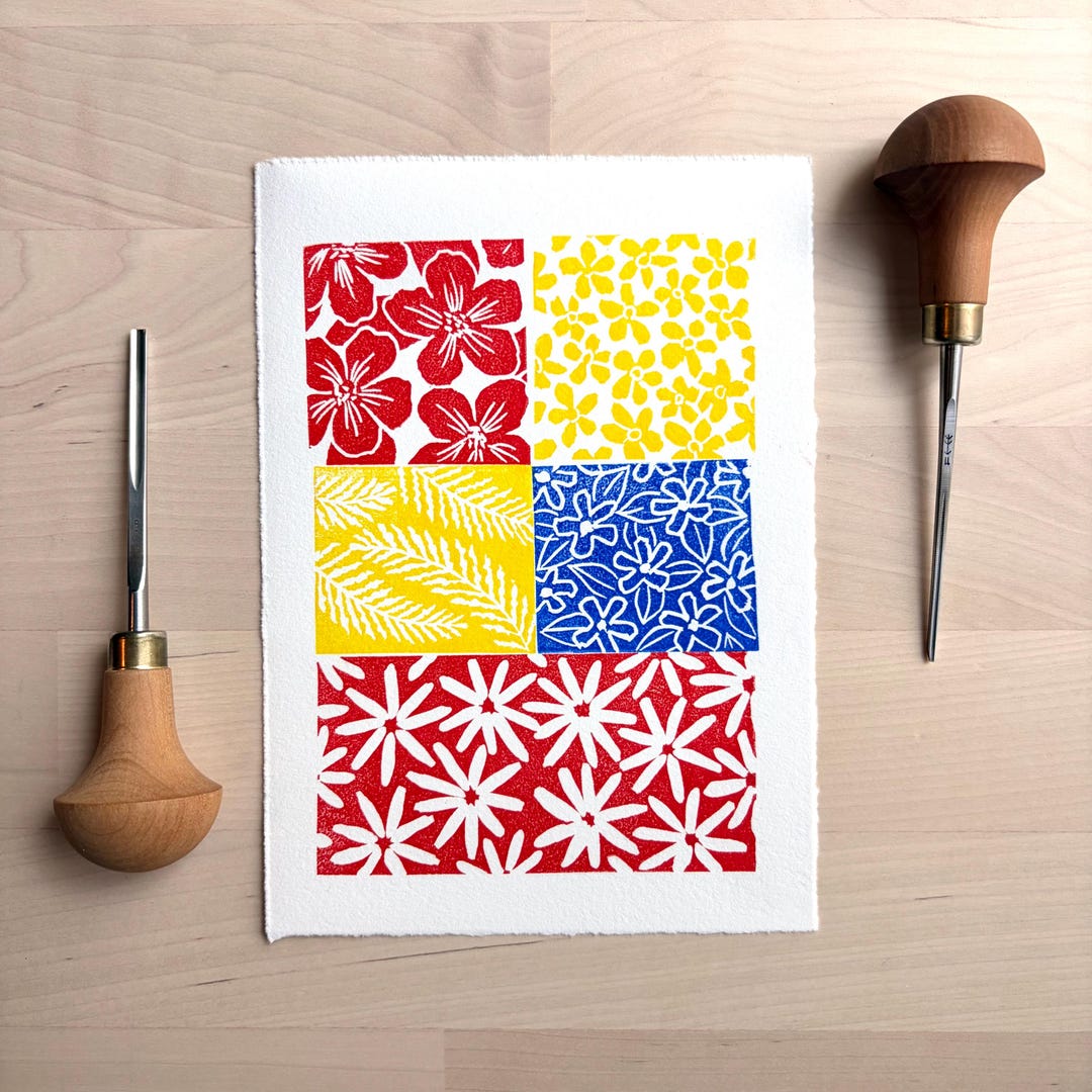 Patchwork Pattern Linocut on Paper, 5 X 7 Original Artwork in Primary ...