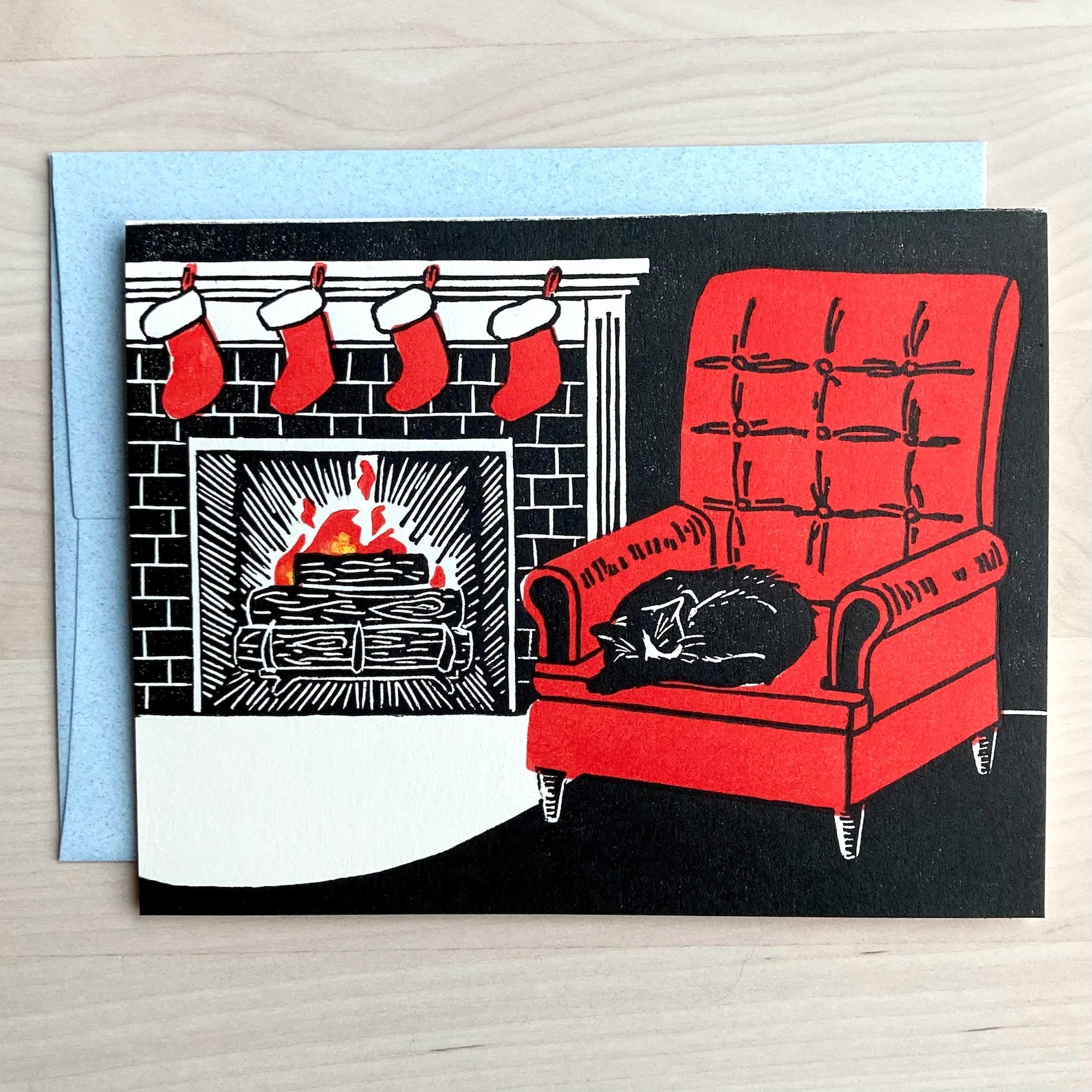 Cozy Fireplace Holiday Card, Handmade Block Printed Christmas Card ...
