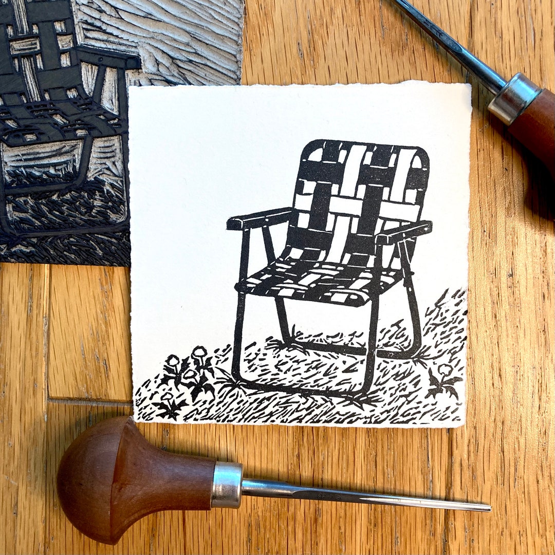Lawn Chair Original Linocut Relief Print on Paper, Miniature Wall Art ...