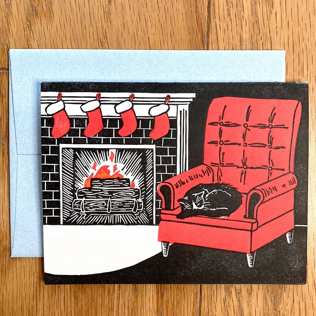 Cozy Fireplace Holiday Card, Handmade Block Printed Christmas Card ...