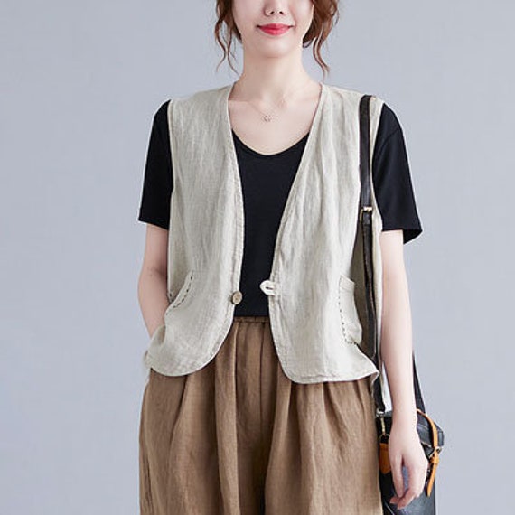 V-neck Linen Vest/ Summer Vintage Vest/ Casual Linen Clothing/ - Etsy