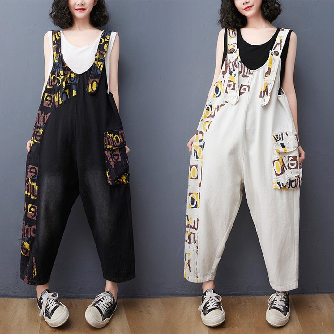 Letter Printed Denim Overalls Women Plus Size Overalls Loose - Etsy