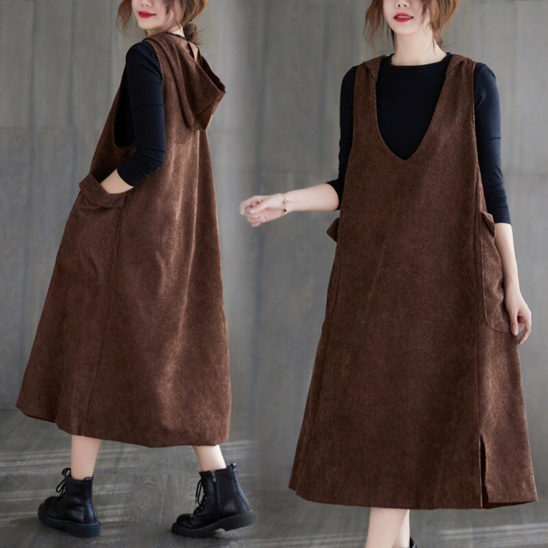 Robe en velours côtelé à capuche simple, robe à bretelles grande taille ...